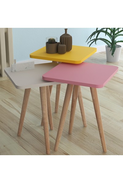 İntergo Renkli Üçlü Zigon Sehpa Ahşap Ayaklı