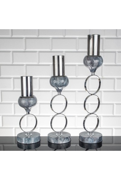 Oyks Venedik Halka Gri Mermer Desen 3'lü Şamdan Mumluk Oyks Venedik Halka Gri Mermer Desen 3'lü Şamdan Mumluk