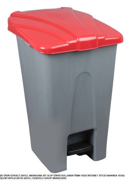 Safell Plastik Köşeli Pedallı Çöp Kovası 70 Lt Tekerlekli Pedallı Çöp Konteyneri Kırmızı Kapak