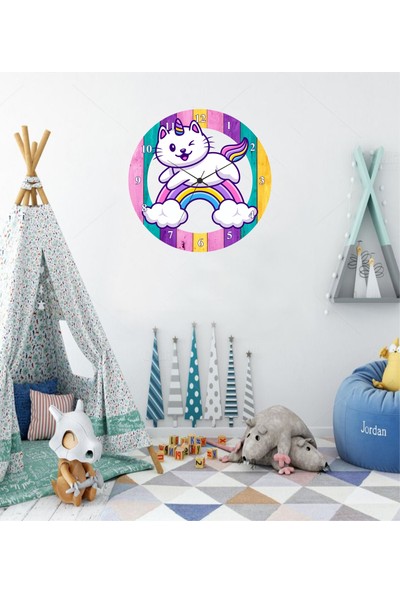 Reklamcım Çocuk Odası Unicorn Kedili Duvar Saati