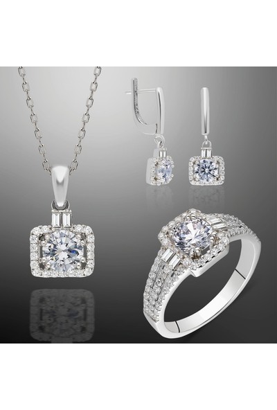 Bess Silver Kadın Gümüş Mikro Baget Taşlı Tektaş Yüzük Kolye Küpe Set Bess Silver Kadın Gümüş Mikro Baget Taşlı Tektaş Yüzük Kolye Küpe Set