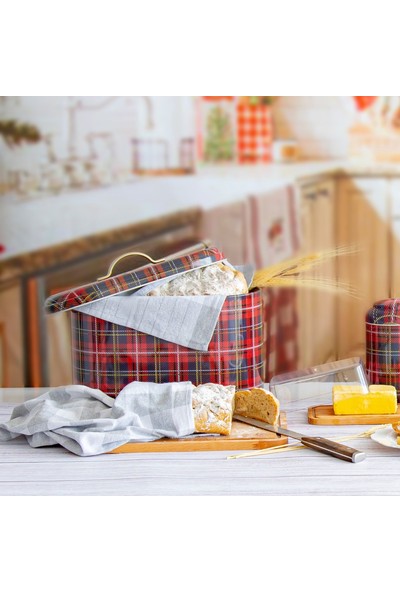 Evle Ekose Desenli Metal Ekmek Sepeti 11 lt - Kırmızı