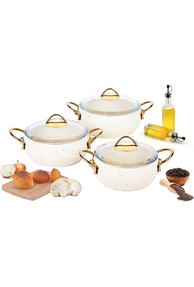 Özkent Güveç Granit 3'lü Krem Rengi & Gold Tencere Seti