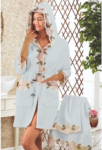 Bonny Home Marina Mint Kadın Fransız Dantelli Balayı Çeyizlik Fantezi Hamam Kadın Bornozu Seti