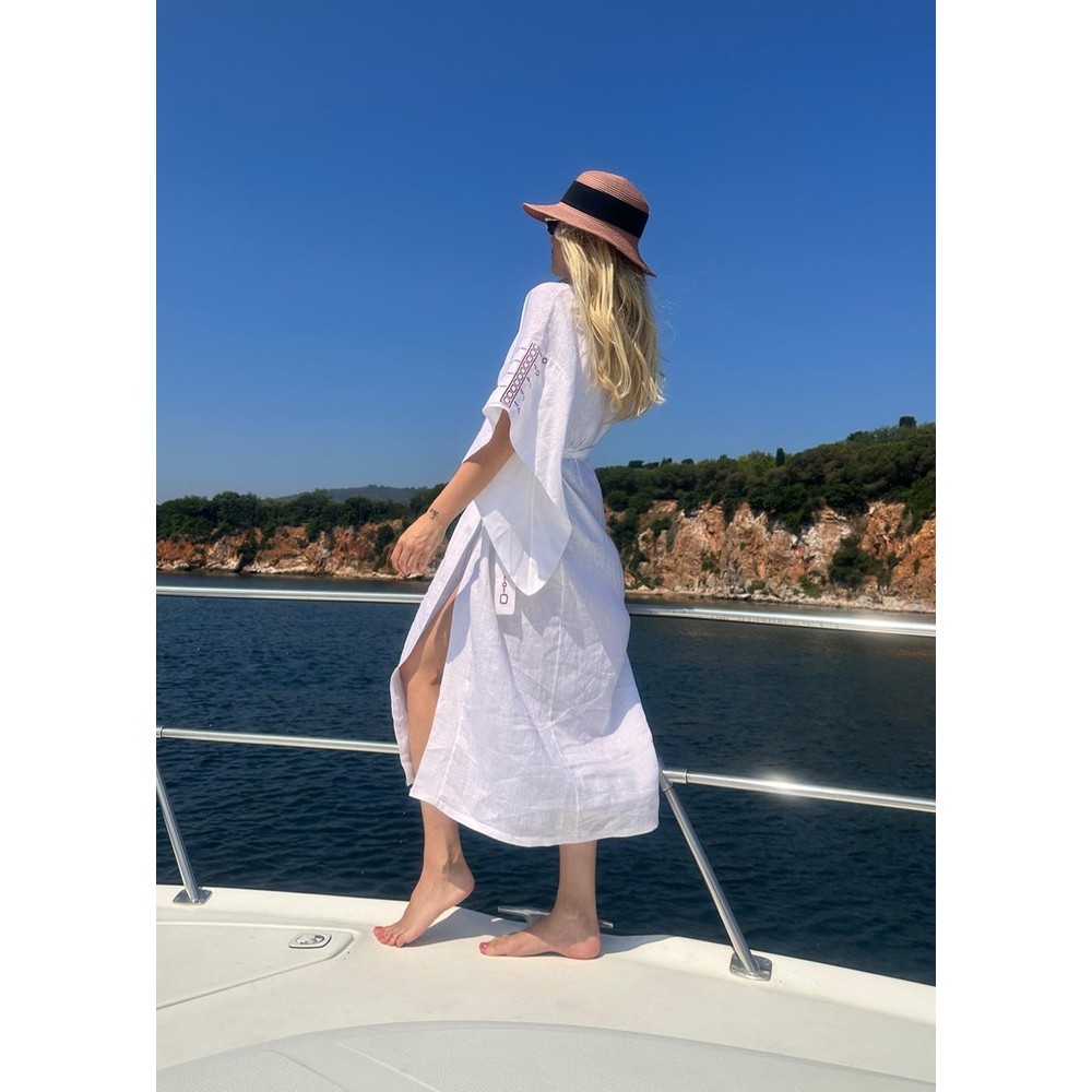 Mayovera Kimono - Nakışlı Beyaz %100 Keten Plaj Elbisesi Fiyatı