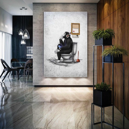 SML Tablo Tuvalette Kulaklıkla Müzik Dinleyen Maymun Banksy Fiyatı
