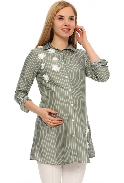 Işşıl 8396-Çizgili Papatya Nakış Gömlek