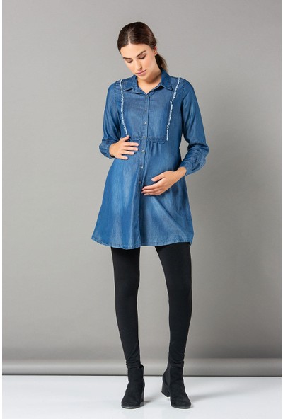Işşıl 8619-Tiftiz Yaka Hamile Kot Gömlek