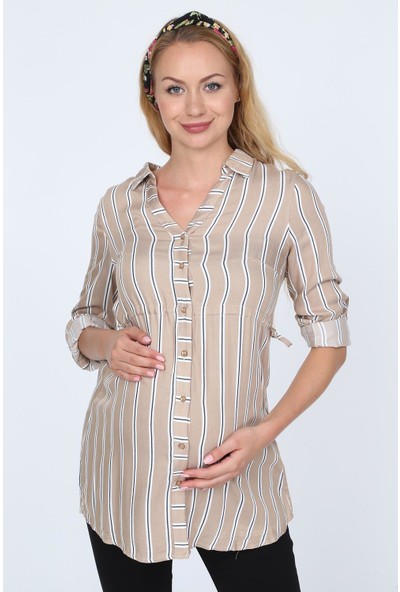 Işşıl 8593-Çızgılı Spor Büzgü Hamile Gömlek