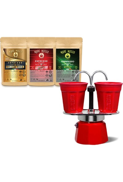 Bialetti Mini Express Set 2 Cup, 2 Espresso Bardaklı Kırmızı + 100 gr x 3 Paket Kahve Bialetti Mini Express Set 2 Cup, 2 Espresso Bardaklı Kırmızı + 100 gr x 3 Paket Kahve