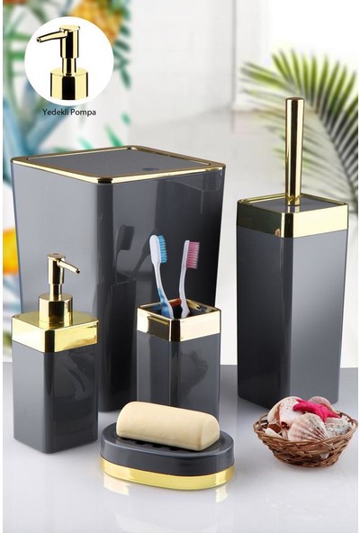 Kare Banyo Seti Gri Altın Şerit