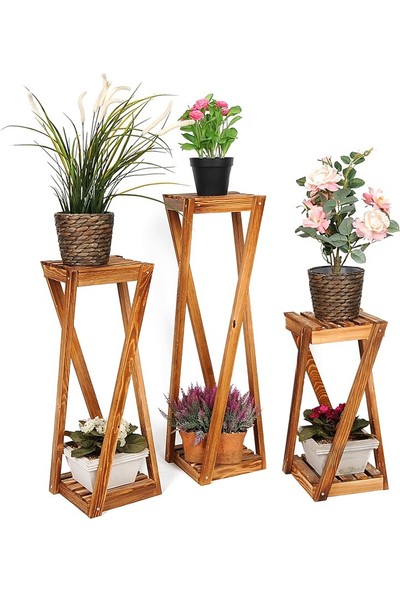 Webotto Ahşap 3lü Takım Saksılık Çiçeklik 3 Boy Balkon Saksılık Salon Çiçeklik