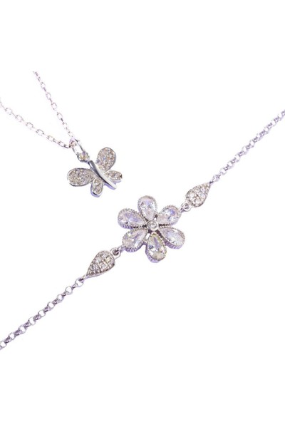 Som Gümüş & Tesbih 925 Ayar Gümüş Kelebek Kolye ve Çiçek Tasarım Bileklik Kombin