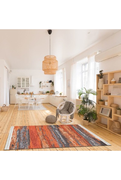 Henge Çizgili Klasik Desenli Turuncu Gri Bej Krem Zeminli Basklı Kilim Henge Çizgili Klasik Desenli Turuncu Gri Bej Krem Zeminli Basklı Kilim