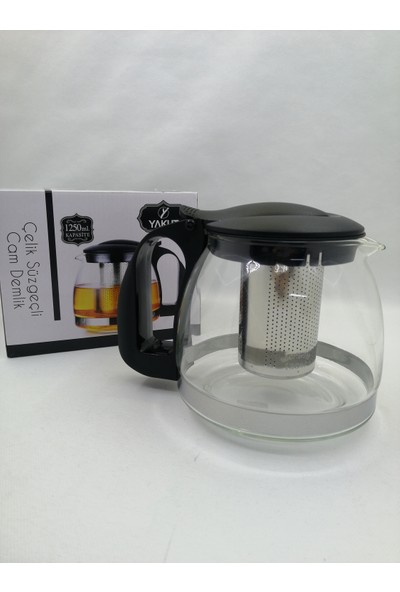 Yakut 1250 ml Çelik Süzgeçli Cam Demlik- Siyah