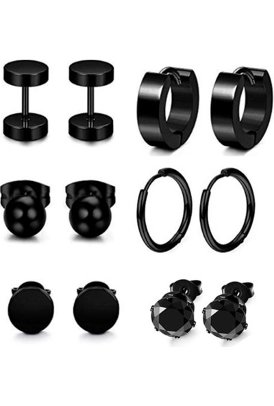 Chavin Siyah Çelik Unisex Küpe 6'lı Takım