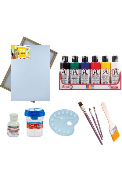 Hobialem Akrilik Boya Seti, 35X50 Tuval, Fırça, 6'lı Akrilik Boya, Palet, Su Kabı, Resim Verniği