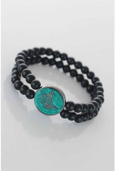 Clariss Yeşil Metal Üzerine Osmanlı Tuğra Figürlü Siyah Renk Çift Sıra Doğal Taş Erkek Bileklik