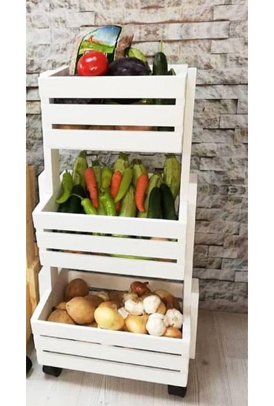 Adım Shops Üç Çekmecelik Ahşap Tekerlekli Sebzelik, Dekoratif Raf