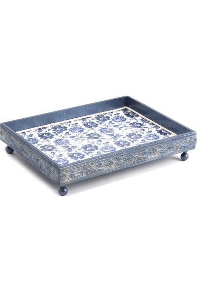 Lal Dekoratif Ahşap Çiçekli Lacivert Tepsi Lal Dekoratif Ahşap Çiçekli Lacivert Tepsi