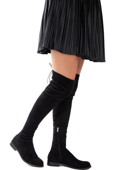 Pabucart Kadın Siyah Süet Streç Dizüstü Çizme