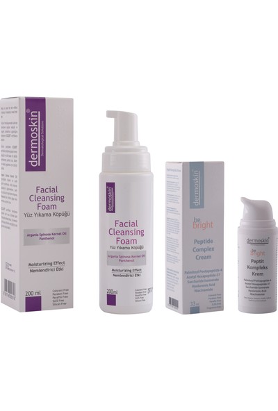 Dermoskin Yüz Temizleme Köpüğü 200 ml + Be Bright Peptit Kompleks Krem 33 ml 2'li Dermoskin Yüz Temizleme Köpüğü 200 ml + Be Bright Peptit Kompleks Krem 33 ml 2'li