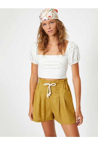 Koton Kadın Keten Yüksek Bel Cepli Baglamali Sort