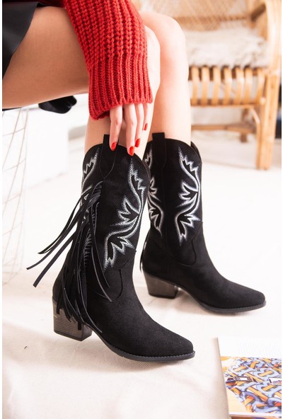 Limoya Nevaeh Siyah Süet Nakışlı ve Püsküllü Kovboy Bot