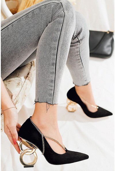 Limoya Elianna Siyah Süet Stiletto ( Zincir Detaylı )