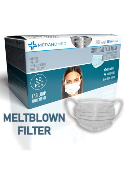 Merand Medikal 3 Katlı Meltblown-Spunbond Cerrahi Maske 1 Kutu 50 Adet - Beyaz