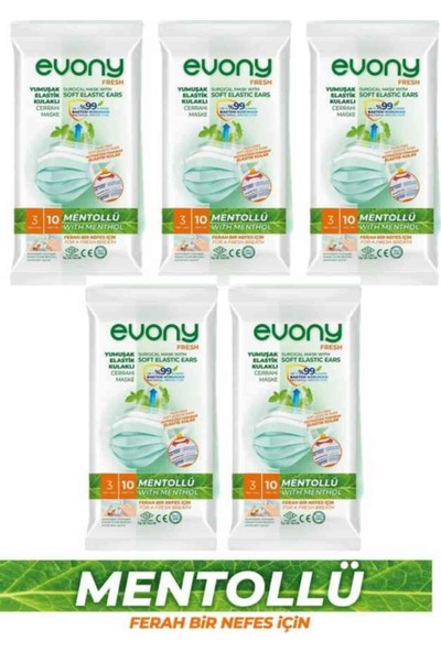 Evony Elastik Kulaklı Mentollü 3 Katlı Telli Cerrahi Maske 50 Li Evony Elastik Kulaklı Mentollü 3 Katlı Telli Cerrahi Maske 50 Li