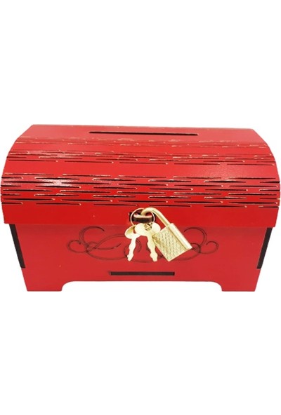 Toptan Hediyeci Ahşap Sandık Kırmızı Kumbara Küçük Boy