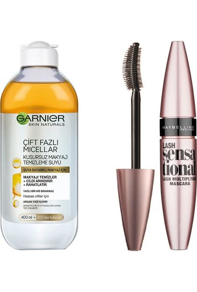 Garnier Çift Fazlı Makyaj Temizleme Suyu+Maybelline Lash Sensational Maskara Göz Bakım Seti Garnier Çift Fazlı Makyaj Temizleme Suyu+Maybelline Lash Sensational Maskara Göz Bakım Seti
