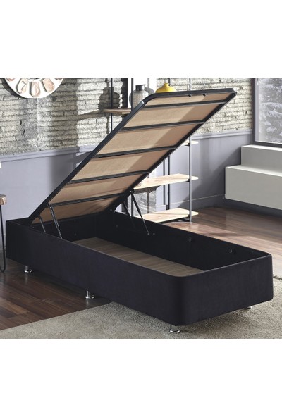 Niron Ela Baza - 90X190 cm Tek Kişilik Sandıklı Siyah Kumaş Baza Silinebilir Soho Kumaş