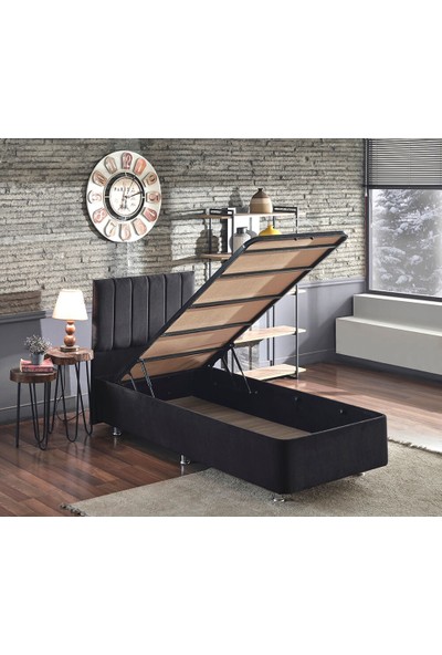 Niron Piano Lite Baza ve Başlık Seti 90x190 cm Tek Kişilik Siyah Metal Profil Baza ve Başlığı Silinebilir Soho Kumaş