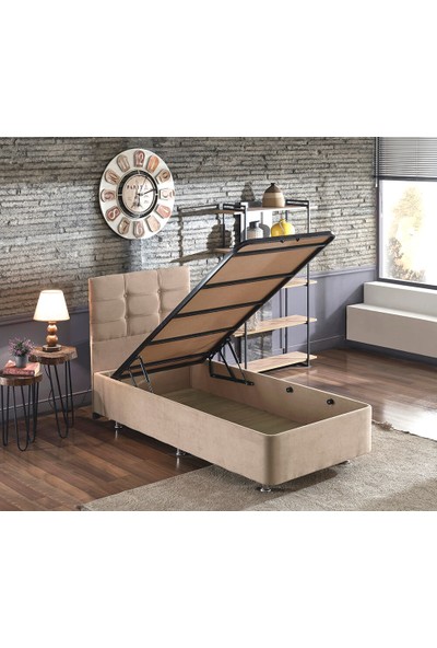 Niron Polo Baza ve Başlık Seti 100x200 cm Tek Kişilik Sütlü Kahve Metal Profil Baza ve Başlığı Soho Kumaş