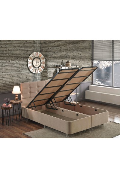 Niron Polo Baza ve Başlık Seti 140x190 cm Çift Kişilik Sütlü Kahve Metal Profil Baza ve Başlığı Soho Kumaş