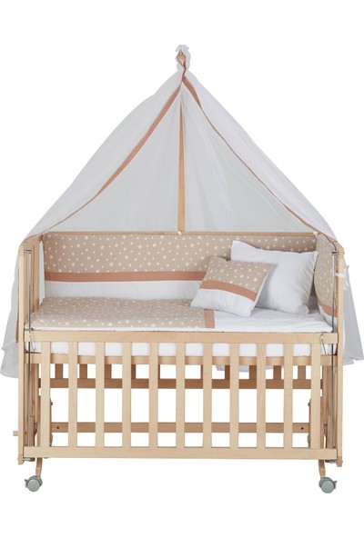 Babycom Doğal Boyasız 4 Kademeli 70 x 130 Anne Yanı Tekerlekli Ahşap Beşik + Kahve Yıldızlı Uyku Seti Babycom Doğal Boyasız 4 Kademeli 70 x 130 Anne Yanı Tekerlekli Ahşap Beşik + Kahve Yıldızlı Uyku Seti