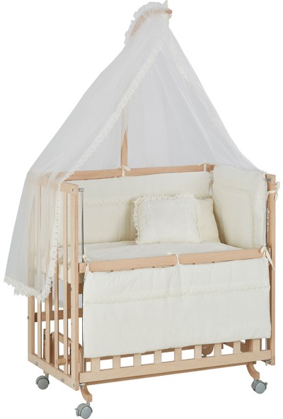 Babycom Naturel Boyasız 50 x 90 Anne Yanı 4 Kademeli Ahşap Beşik - Tekerlekli + Krem Uyku Seti Babycom Naturel Boyasız 50 x 90 Anne Yanı 4 Kademeli Ahşap Beşik - Tekerlekli + Krem Uyku Seti