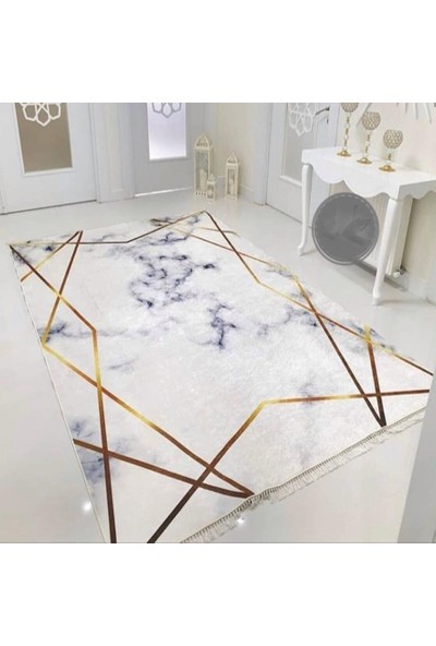 STY Home Platin Kaymaz Tabanlı Yıkanabilir Halı Kilim Yolluk Gold Beyaz