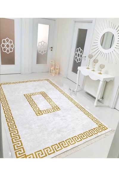 STY Home Versace Kaymaz Tabanlı Yıkanabilir Halı Kilim Yolluk Gold Beyaz