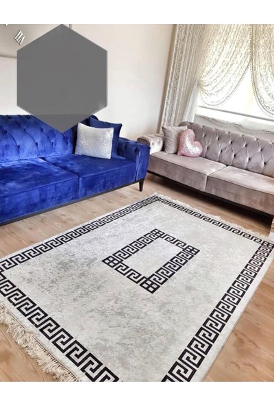 STY Home Versace Kaymaz Tabanlı Yıkanabilir Halı Kilim Yolluk Gri Siyah