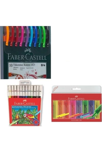 Faber-Castell 12'li Keçeli Kalem + 1425 Tükenmez 10 Renk + 8'li Fosforlu Kalem Canlı Renkler Faber-Castell 12'li Keçeli Kalem + 1425 Tükenmez 10 Renk + 8'li Fosforlu Kalem Canlı Renkler