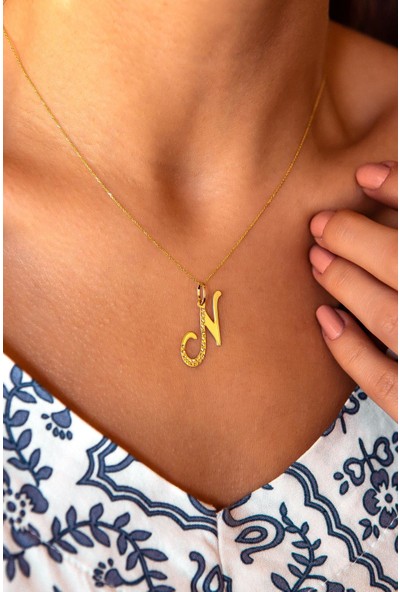 Semiz Kuyumculuk El Yazısı N Harf Altın Kolye
