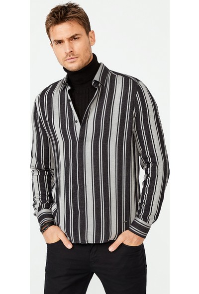 Avva Erkek Antrasit Çizgili Alttan Britli Yaka Slim Fit Viskon Gömlek A02Y2212