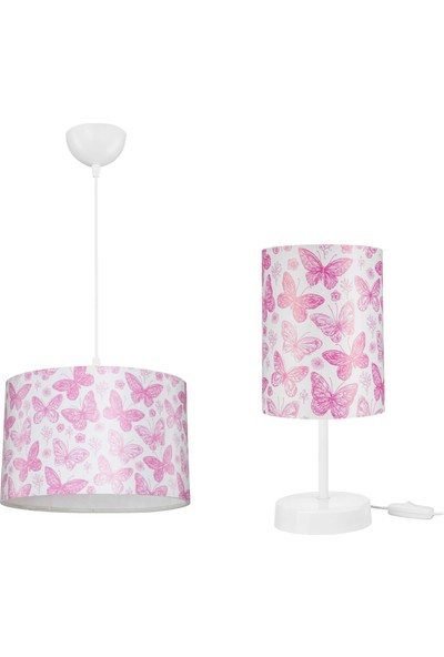 Modelight Kız Çocuk Odası Sarkıt ve Abajur Seti - Pembe Kelebek