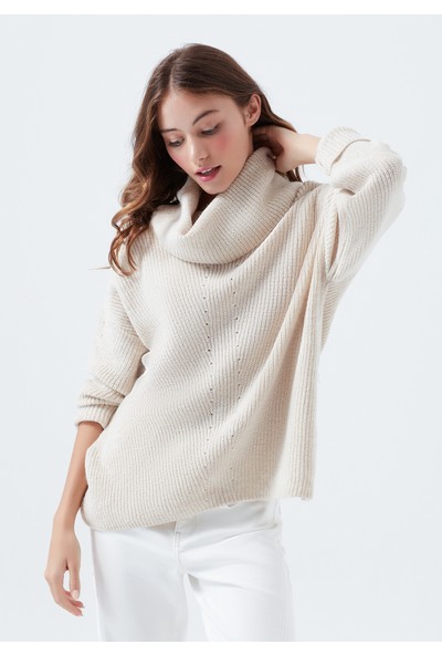 Mavi Kadın Balıkçı Yaka Bej Kazak 171370-29745