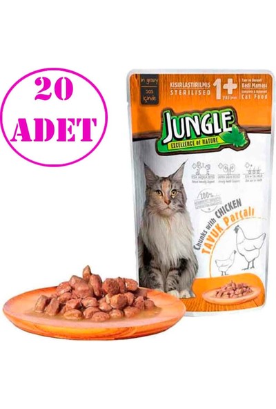 Jungle Pouch Kısır Kedi Tavuklu Tavuklu Soslu Yaş Mama 100 gr 20 Adet Jungle Pouch Kısır Kedi Tavuklu Tavuklu Soslu Yaş Mama 100 gr 20 Adet
