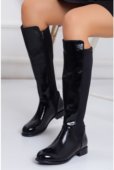 Lovita Mia Kadın Çizme Siyah Kırışık Rugan