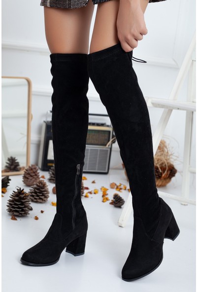 Gult Shoes Çorap Çizme, Diz Üstü Çizme Siyah Süet Topuklu Streç ve Esnek Çizme. Gult Shoes Çorap Çizme, Diz Üstü Çizme Siyah Süet Topuklu Streç ve Esnek Çizme.